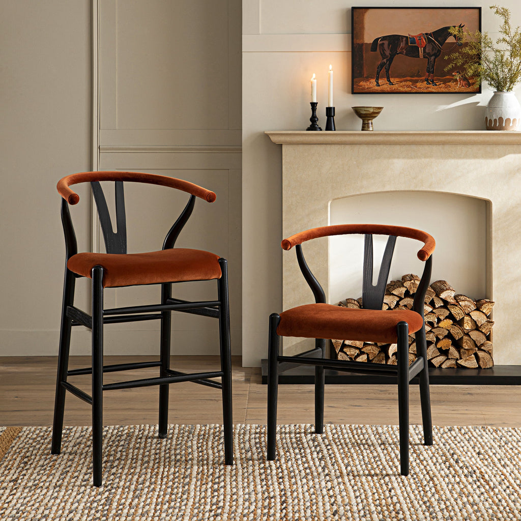 Hansel Upholstered Wishbone Counter Stool, Rust Velvet and Black Frame ...