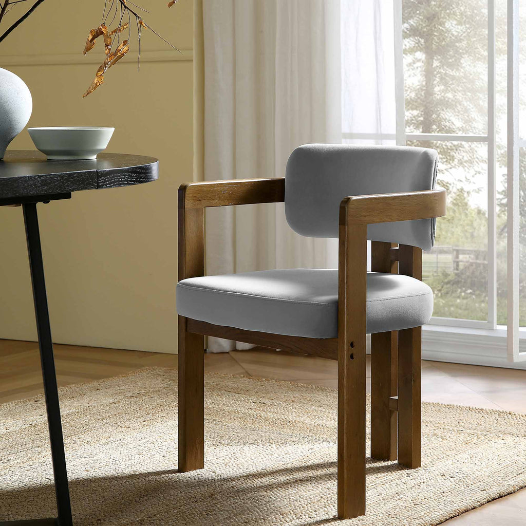 Stanford Curved Walnut Wood Frame Gray Velvet Chair | daals.com