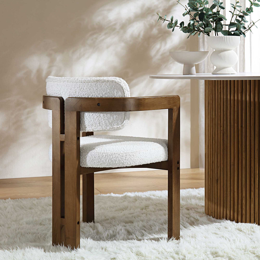 Stanford Curved Walnut Wood Frame White Boucle Chair | daals.com