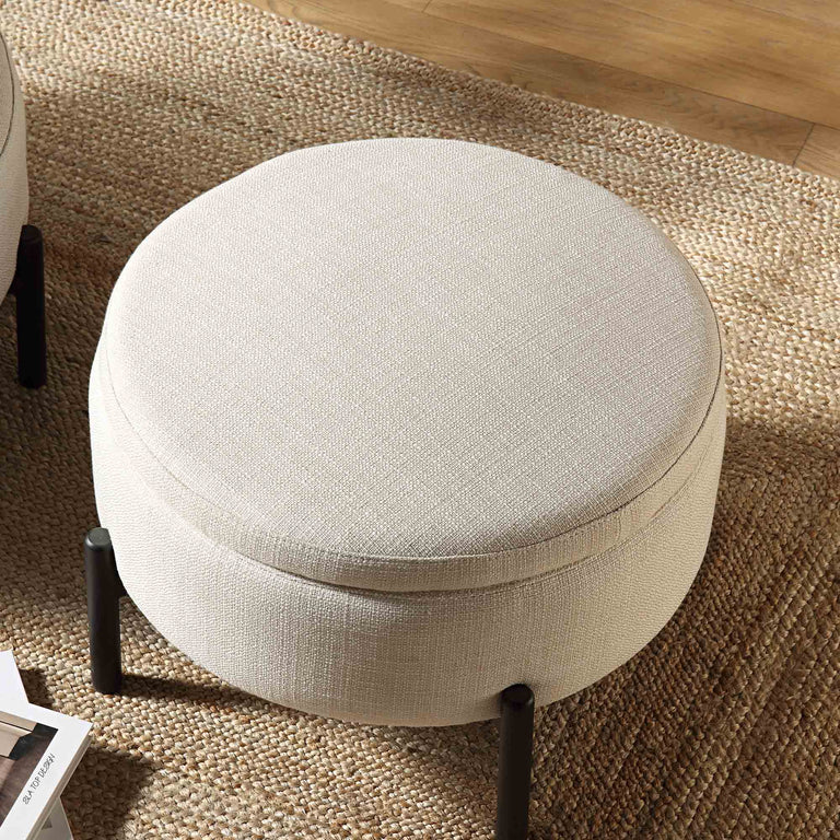 Amboise Round Storage Pouffe, Beige Linen Blend | daals.com