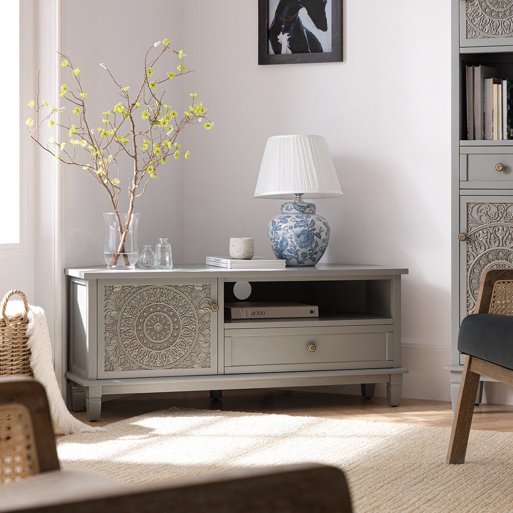 Chantilly Mid Gray Corner TV Stand | daals.com