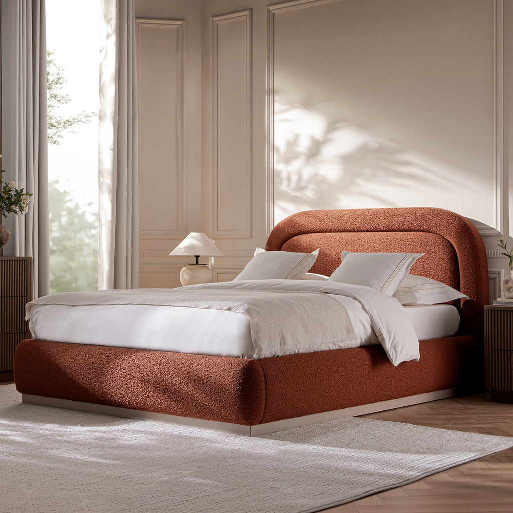 Luella Upholstered Wooden Plinth Base Storage Bed, Rust Boucle | daals.com