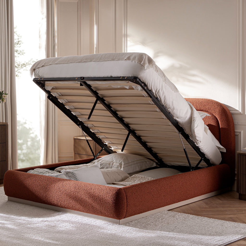 Luella Upholstered Wooden Plinth Base Storage Bed, Rust Boucle | daals.com