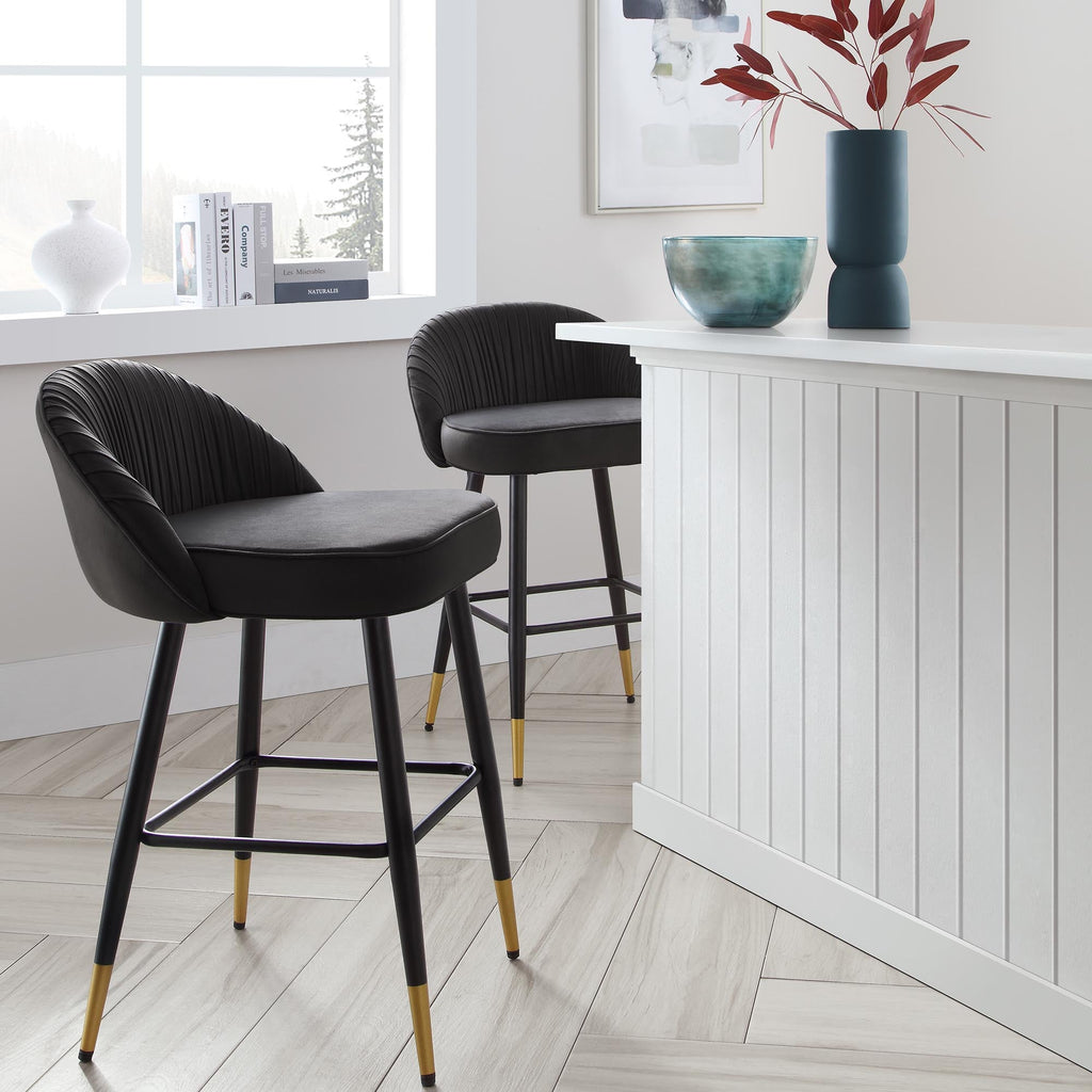 Miyae Set of 2 Pleated Charcoal Velvet Upholstered Counter Stools ...