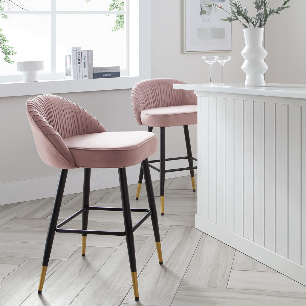 Miyae Set of 2 Pleated Pale Pink Velvet Upholstered Counter Stools ...