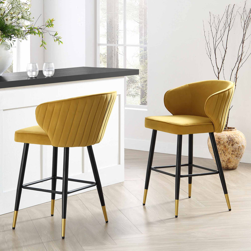 Langham Set of 2 Mustard Velvet Upholstered Carver Counter Stools ...