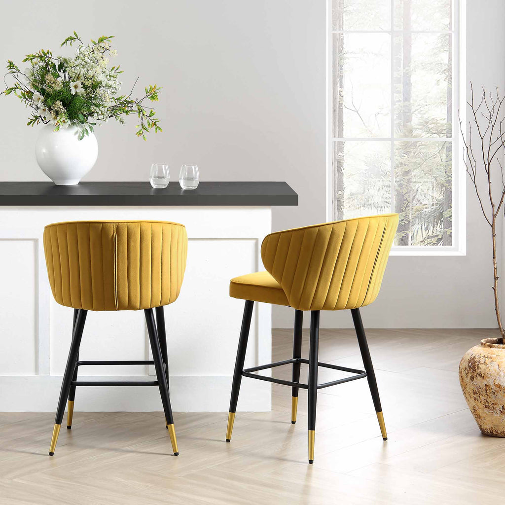Langham Set of 2 Mustard Velvet Upholstered Carver Counter Stools ...