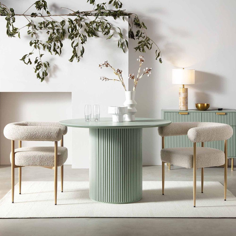 Maru Round Oak Pedestal Dining Table, Sage Green | daals.com