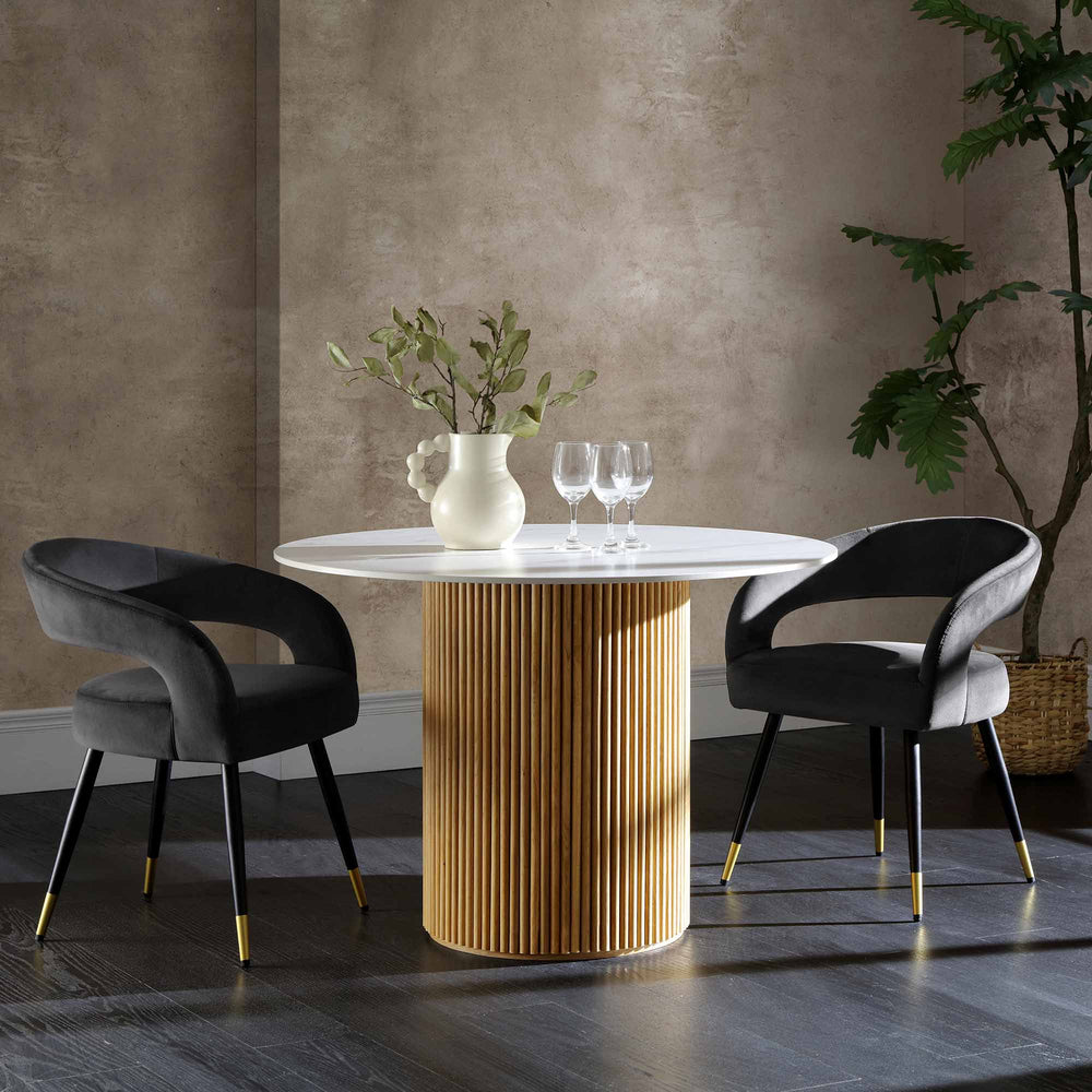 Maru Ceramic Top Oak Pedestal Round Dining Table | daals.com