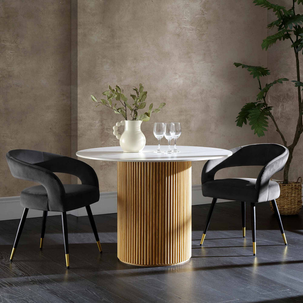 Maru Ceramic Top Oak Pedestal Round Dining Table | daals.com
