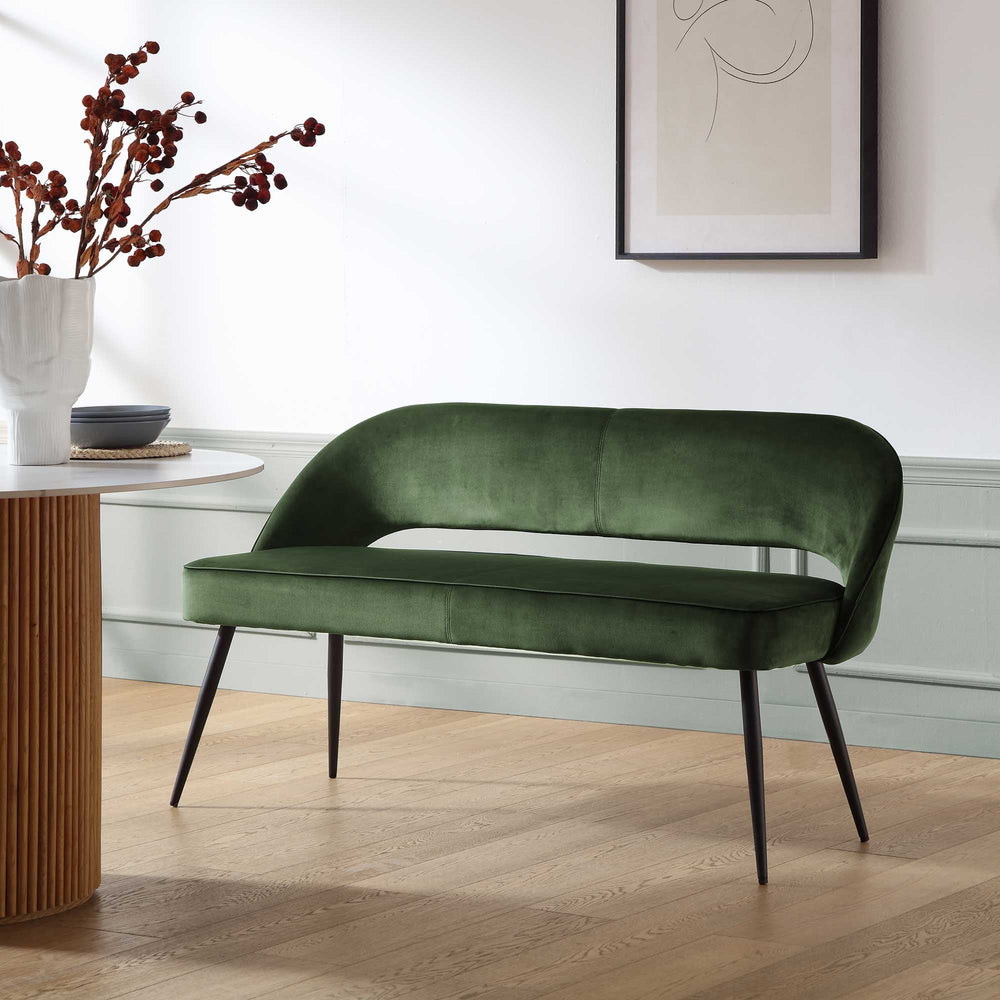 Oakley Dark Green Velvet Upholstered 3 Seater Dining Bench with Contra ...