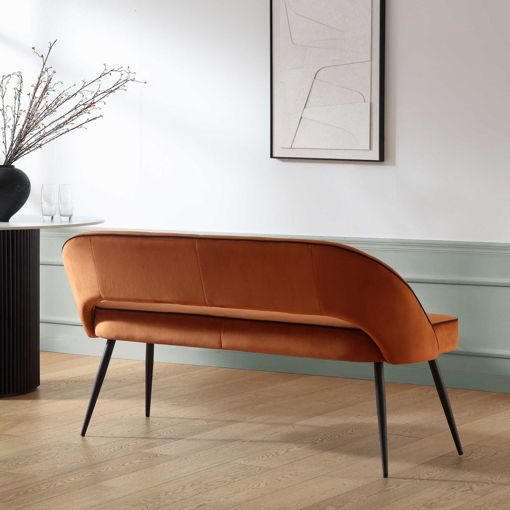 Oakley Orange Velvet Upholstered 3 Seater Dining Bench with Contrast P ...
