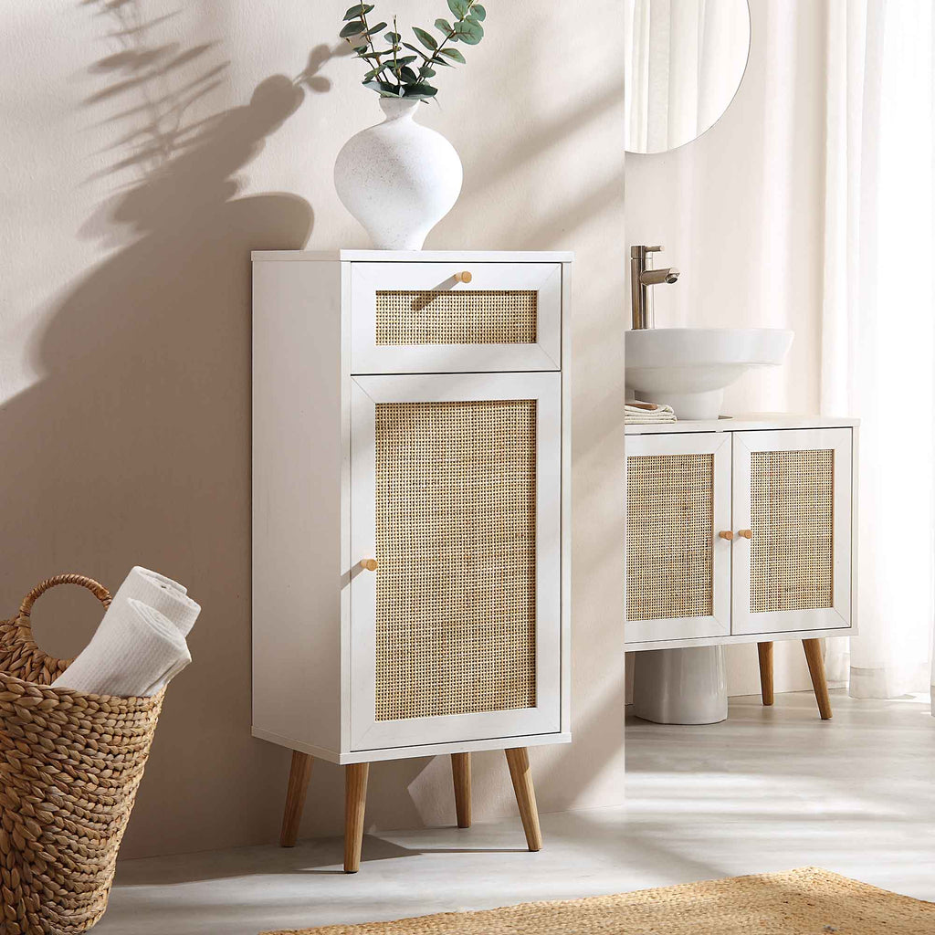 Frances Woven Rattan 1-Door Bathroom Cabinet, White | daals.com