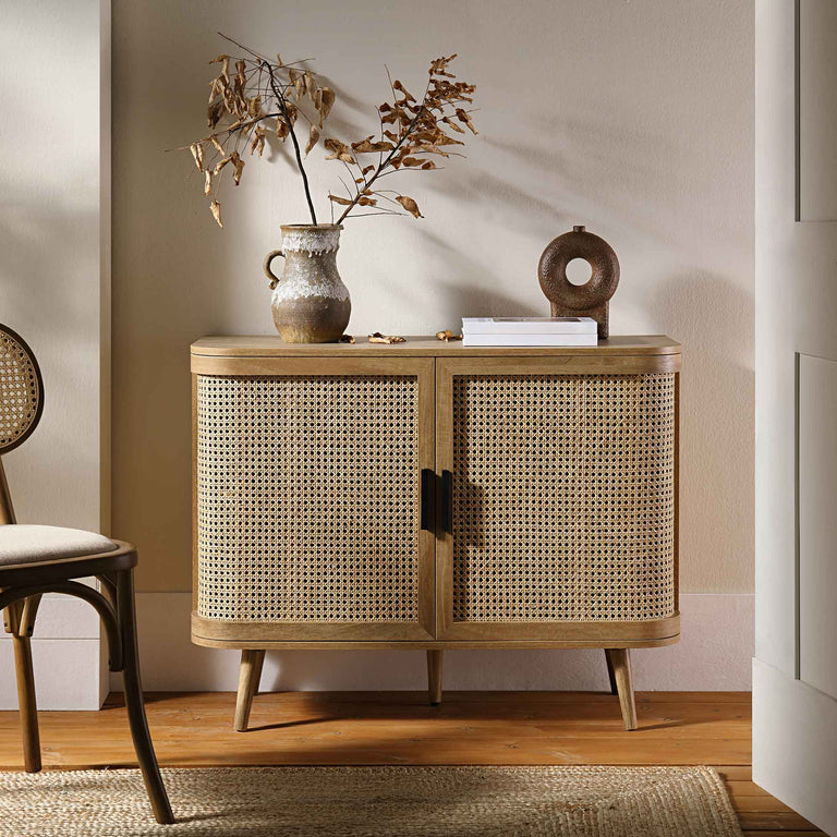 Izzy Curved Rattan 2-Door Small Sideboard, Natural | daals.com