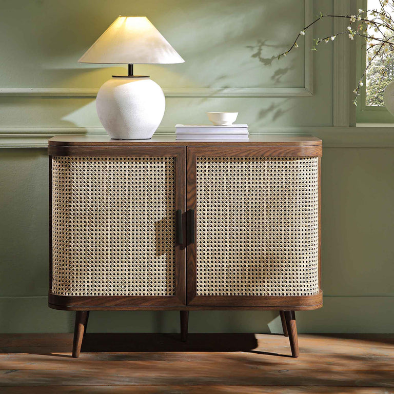 Izzy Curved Rattan 2-Door Small Sideboard, Walnut | daals.com