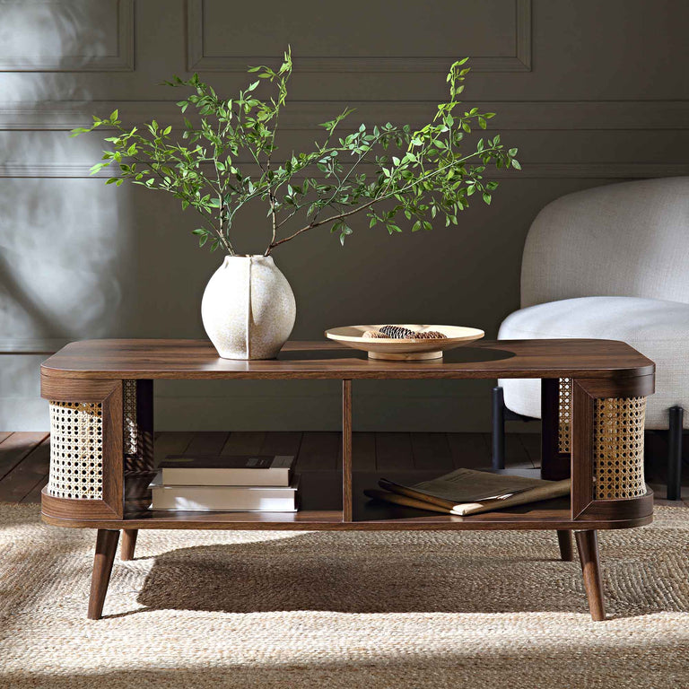 Izzy Curved Rattan Coffee Table, Walnut | daals.com