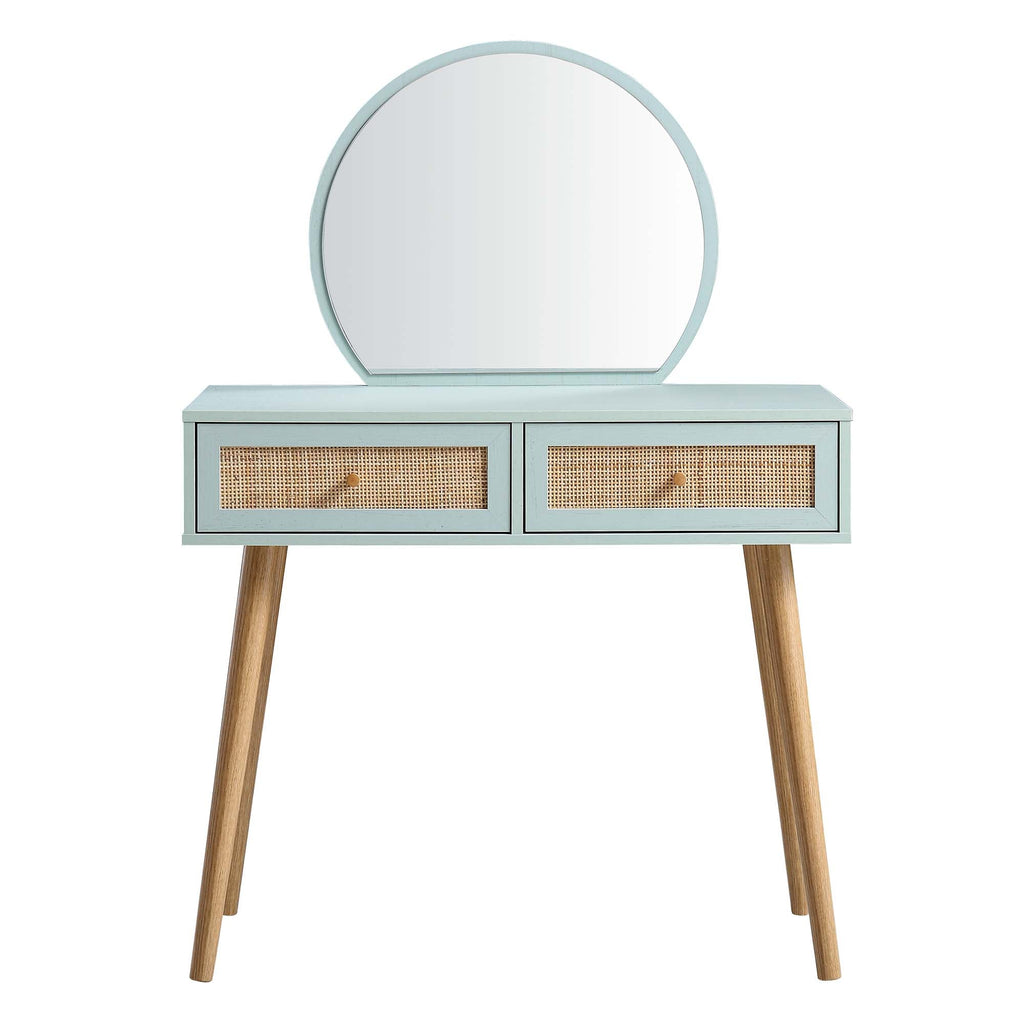 Frances Woven Rattan Vanity Table with Mirror, Mint | daals.com