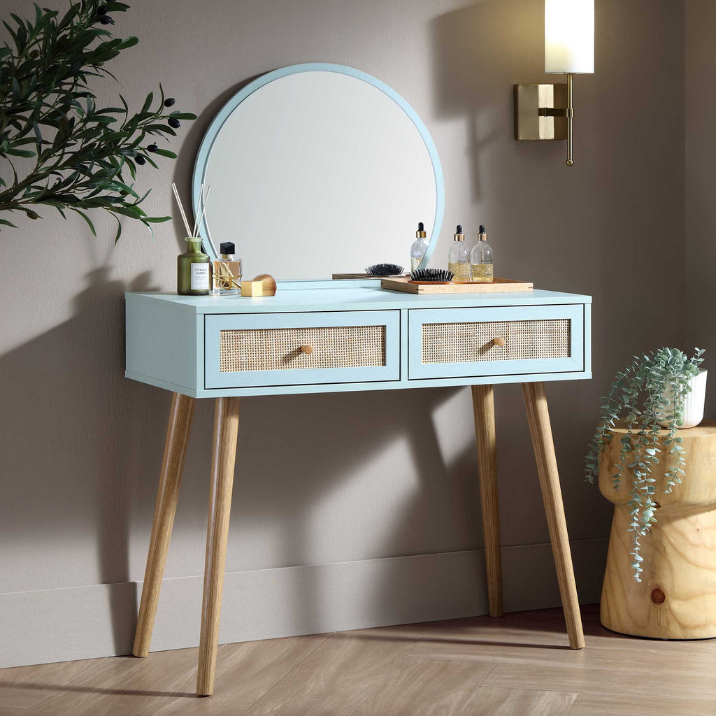 Frances Woven Rattan Vanity Table with Mirror, Mint | daals.com
