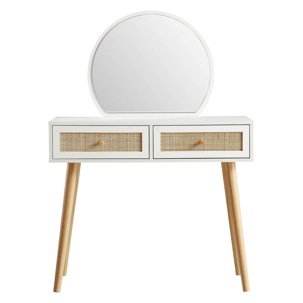 Frances Woven Rattan Vanity Table with Mirror, White | daals.com