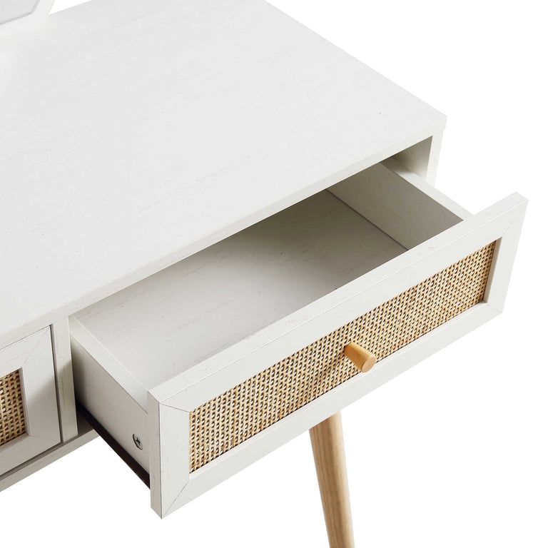 Frances Woven Rattan Vanity Table with Mirror, White | daals.com