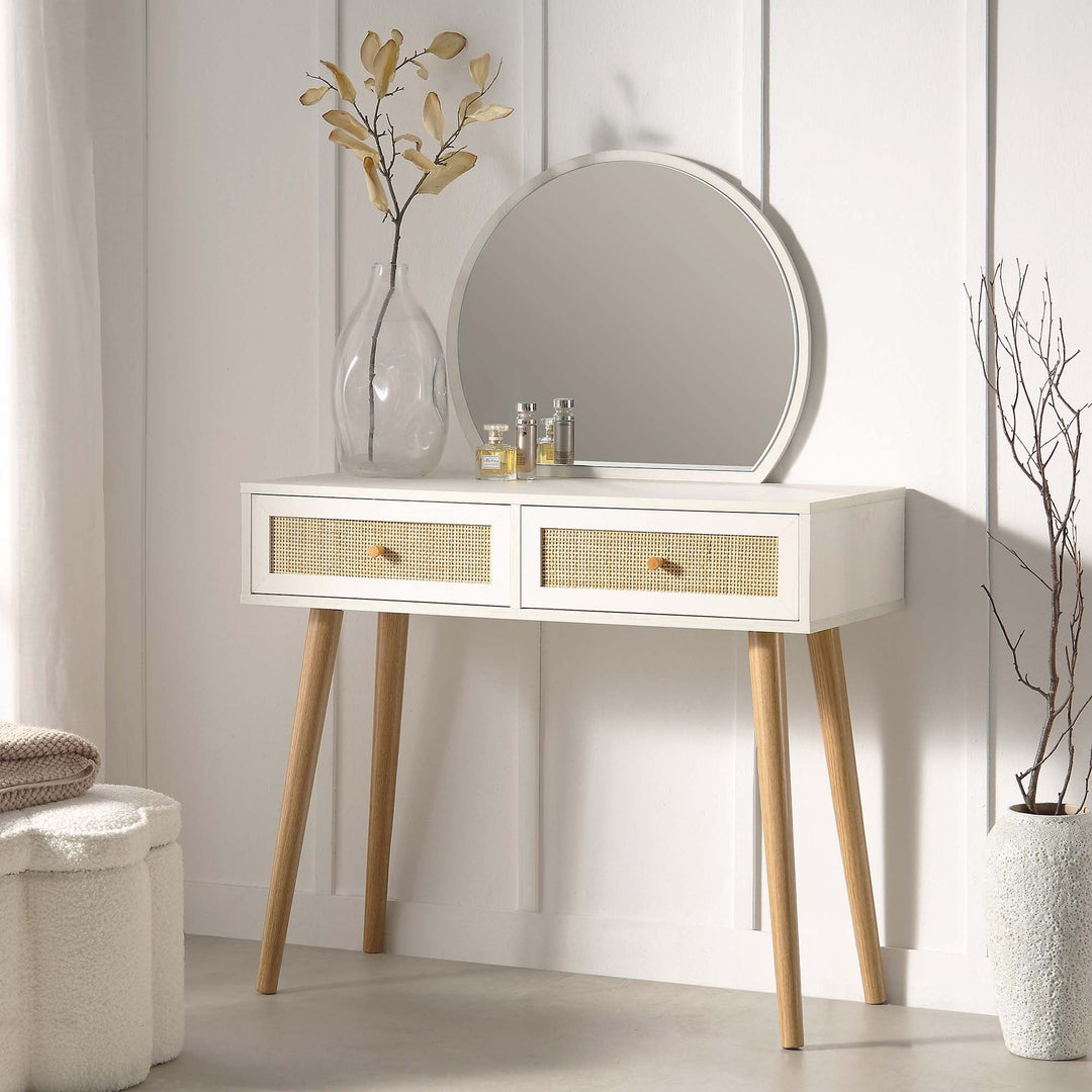 Frances Woven Rattan Vanity Table with Mirror, White | daals.com