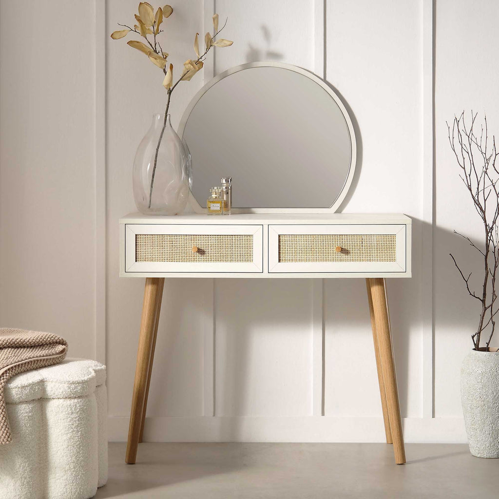 Frances Woven Rattan Vanity Table with Mirror, White | daals.com