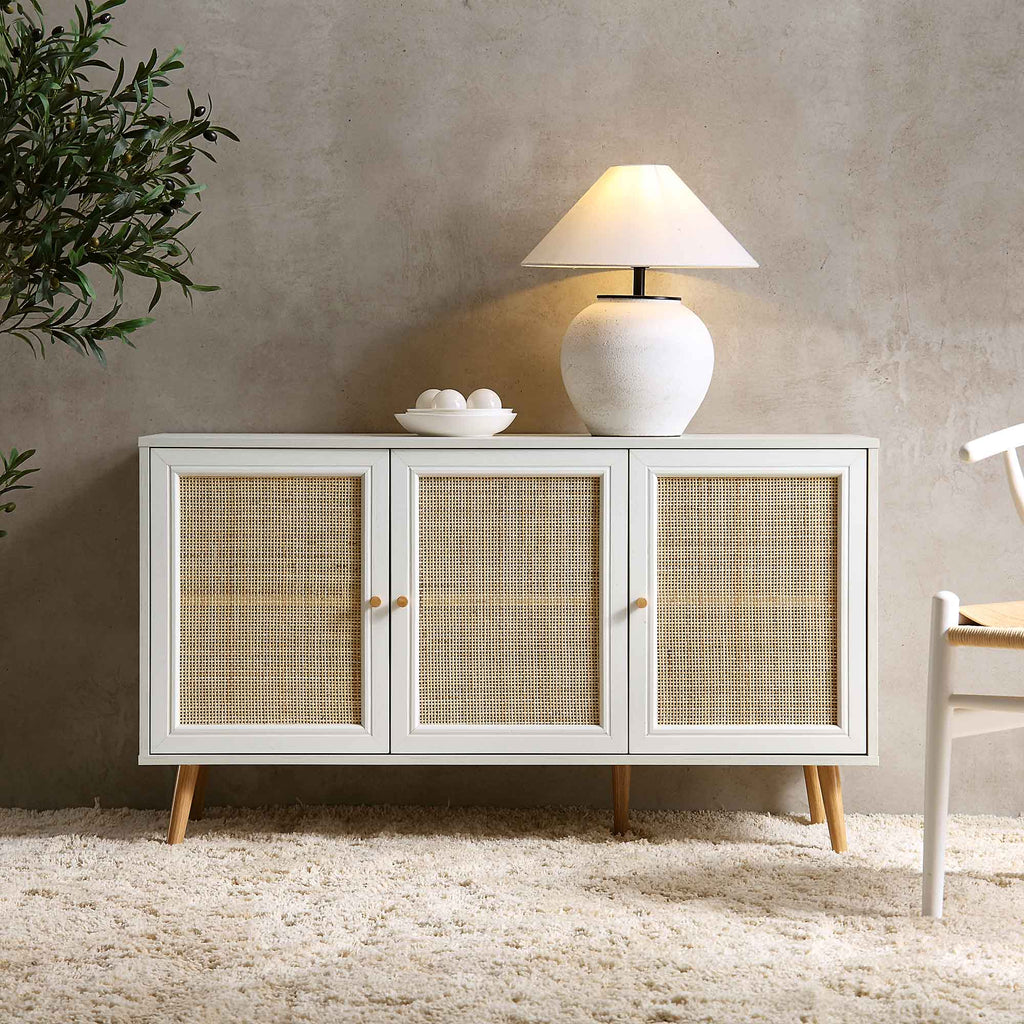 Frances Woven Rattan 3-Door Sideboard, White | daals.com