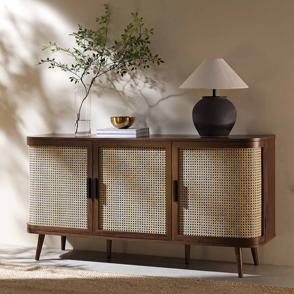 Izzy Curved Rattan Large 3-Door Sideboard, Walnut | daals.com