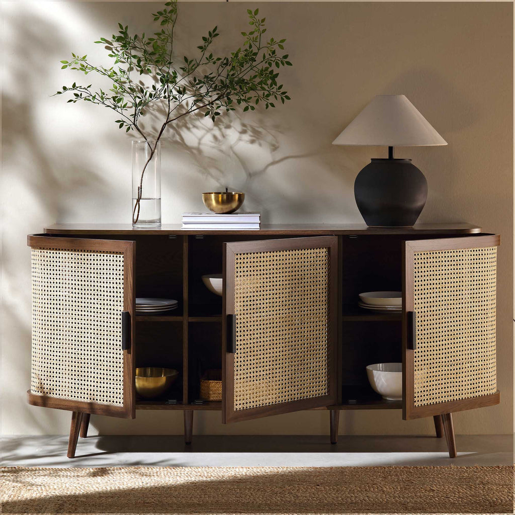 Izzy Curved Rattan Large 3-Door Sideboard, Walnut | daals.com
