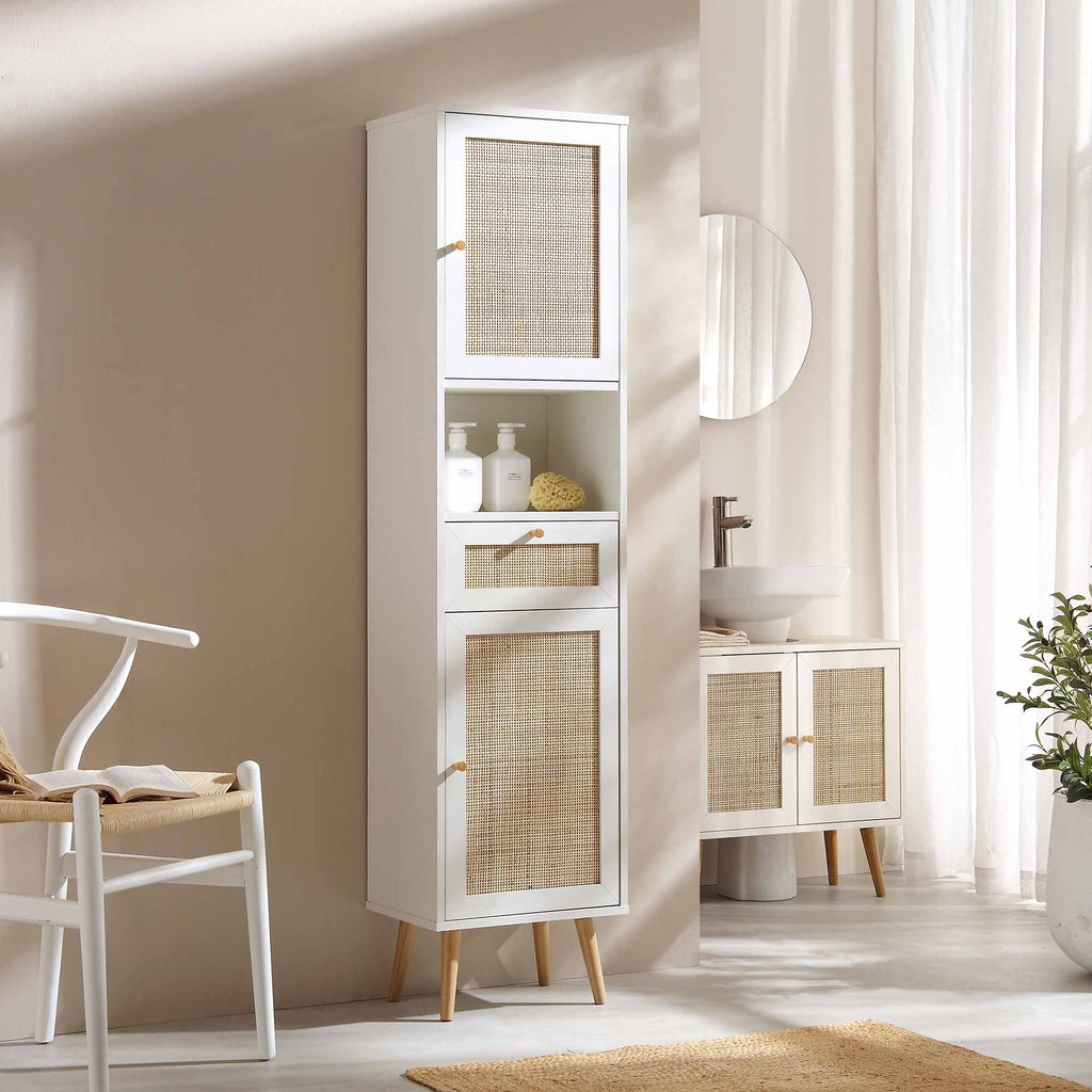 Frances Woven Rattan Tallboy Bathroom Unit, White | daals.com