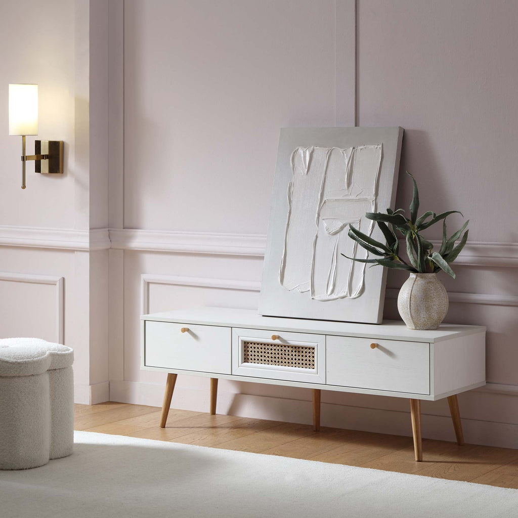Anya Woven Rattan 3-Drawer TV Unit in White | daals.com