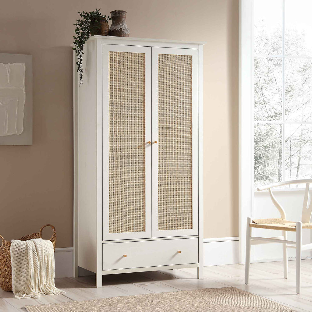 Frances Rattan Double Closet with 1 Drawer, White | daals.com