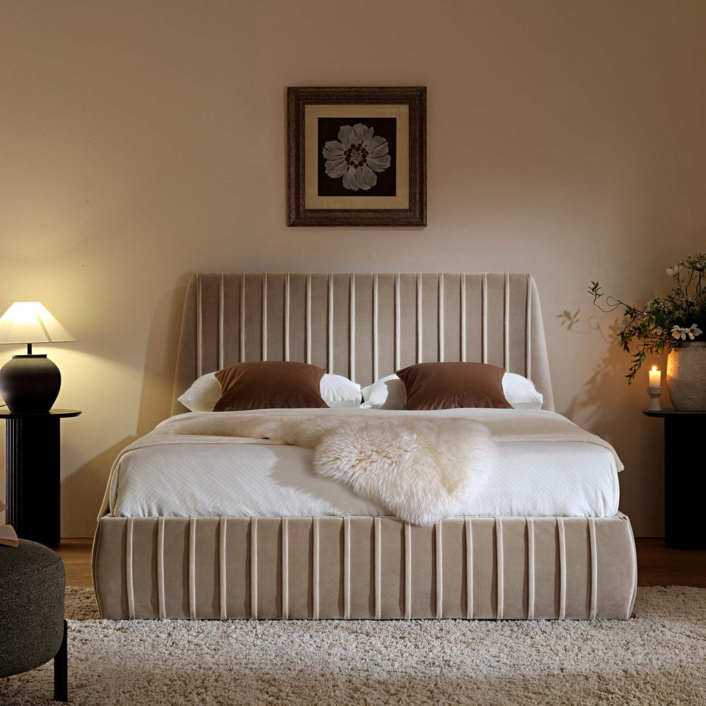 Helia Pleated Ottoman Storage Bed, Taupe Velvet | daals.com