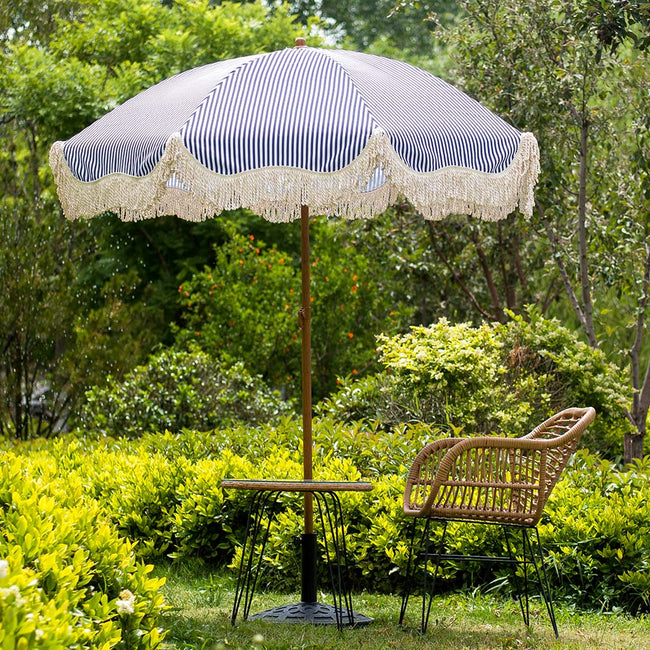 Gabriel Blue and White Striped Fringed Parasol with Tilt | daals.com