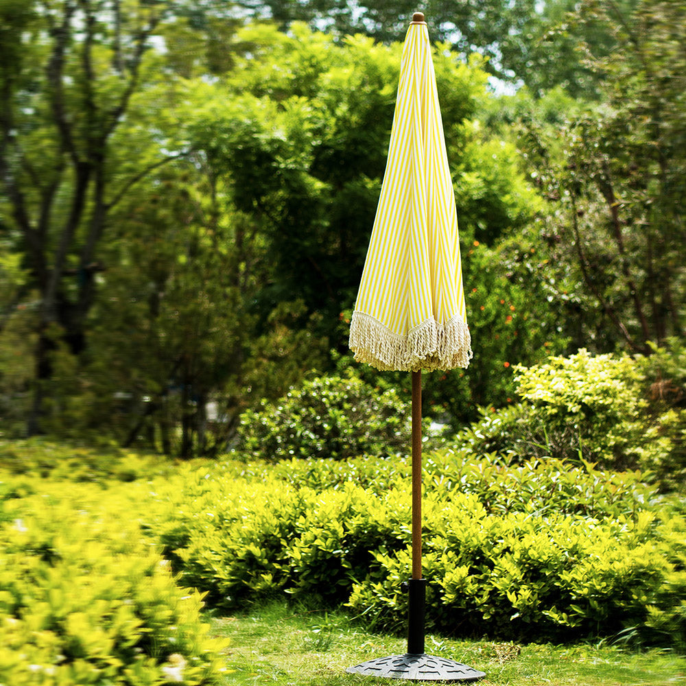 Gabriel Yellow and White Striped Fringed Parasol with Tilt | daals.com