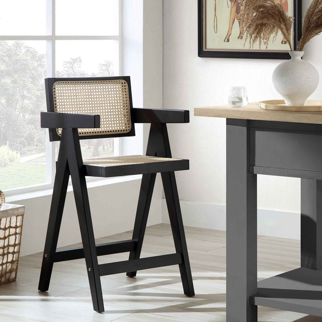Jeanne Black Cane Rattan Solid Beech Wood Counter Stool | daals.com