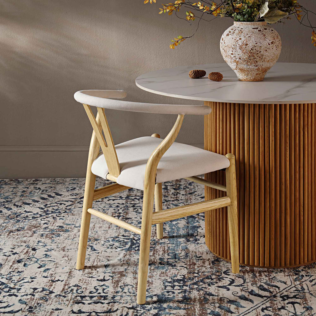 Hansel Wishbone Padded Dining Chair, Beige Fabric and Natural Frame ...