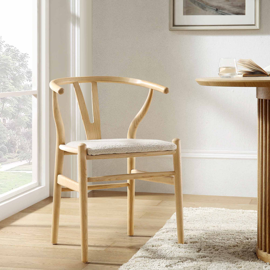 Hansel Wooden Wishbone Dining Chair, Ivory White Boucle and Natural Fr ...