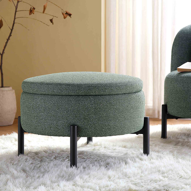 Amboise Round Storage Pouffe, Spruce Green Textured Fabric | daals.com