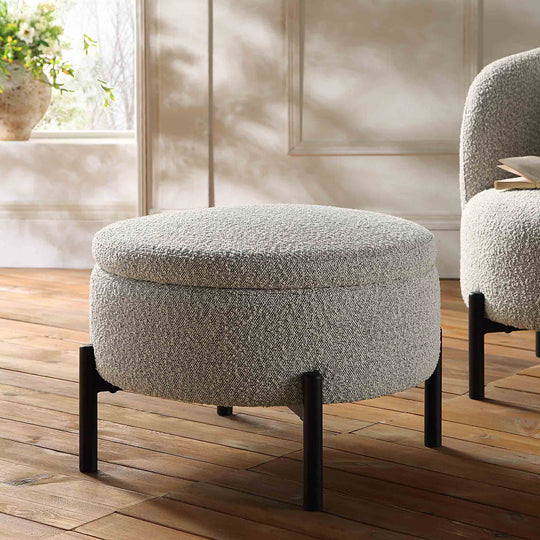 Amboise Round Storage Pouffe, Mist Gray Boucle | daals.com