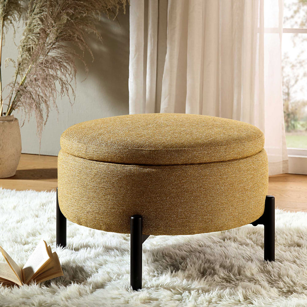 Amboise Round Storage Pouffe, Marigold Textured Fabric | daals.com