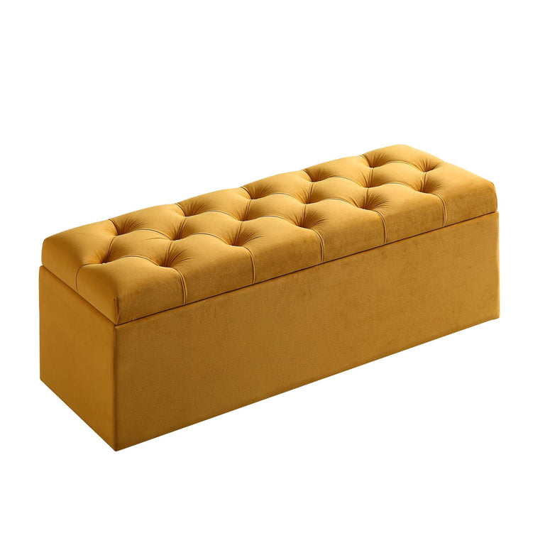 Leamington Deep-Buttoned Ottoman Storage Bench, Turmeric Yellow Velvet ...