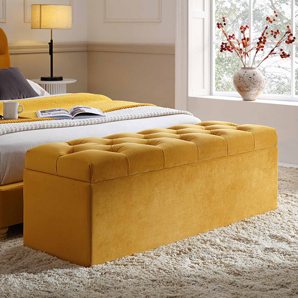 Leamington Deep-Buttoned Ottoman Storage Bench, Turmeric Yellow Velvet ...