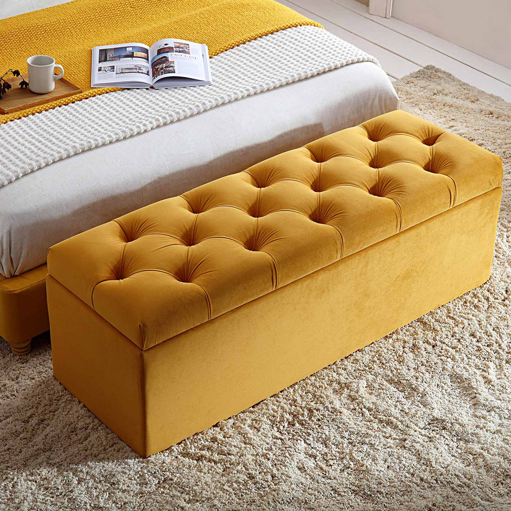 Leamington Deep-Buttoned Ottoman Storage Bench, Turmeric Yellow Velvet ...