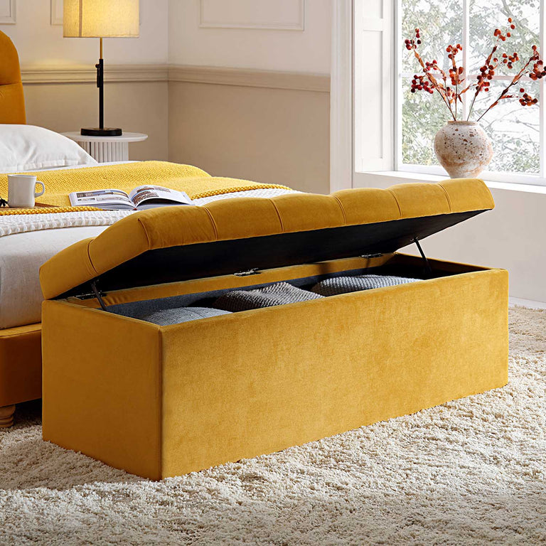 Leamington Deep-Buttoned Ottoman Storage Bench, Turmeric Yellow Velvet ...