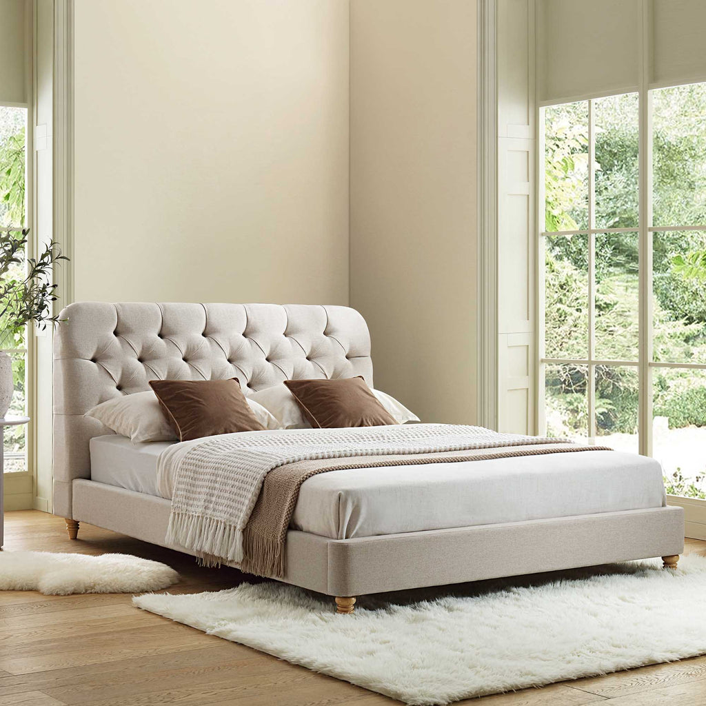 Leamington Deep-Buttoned Upholstered Bed, Oatmeal Fabric | daals.com