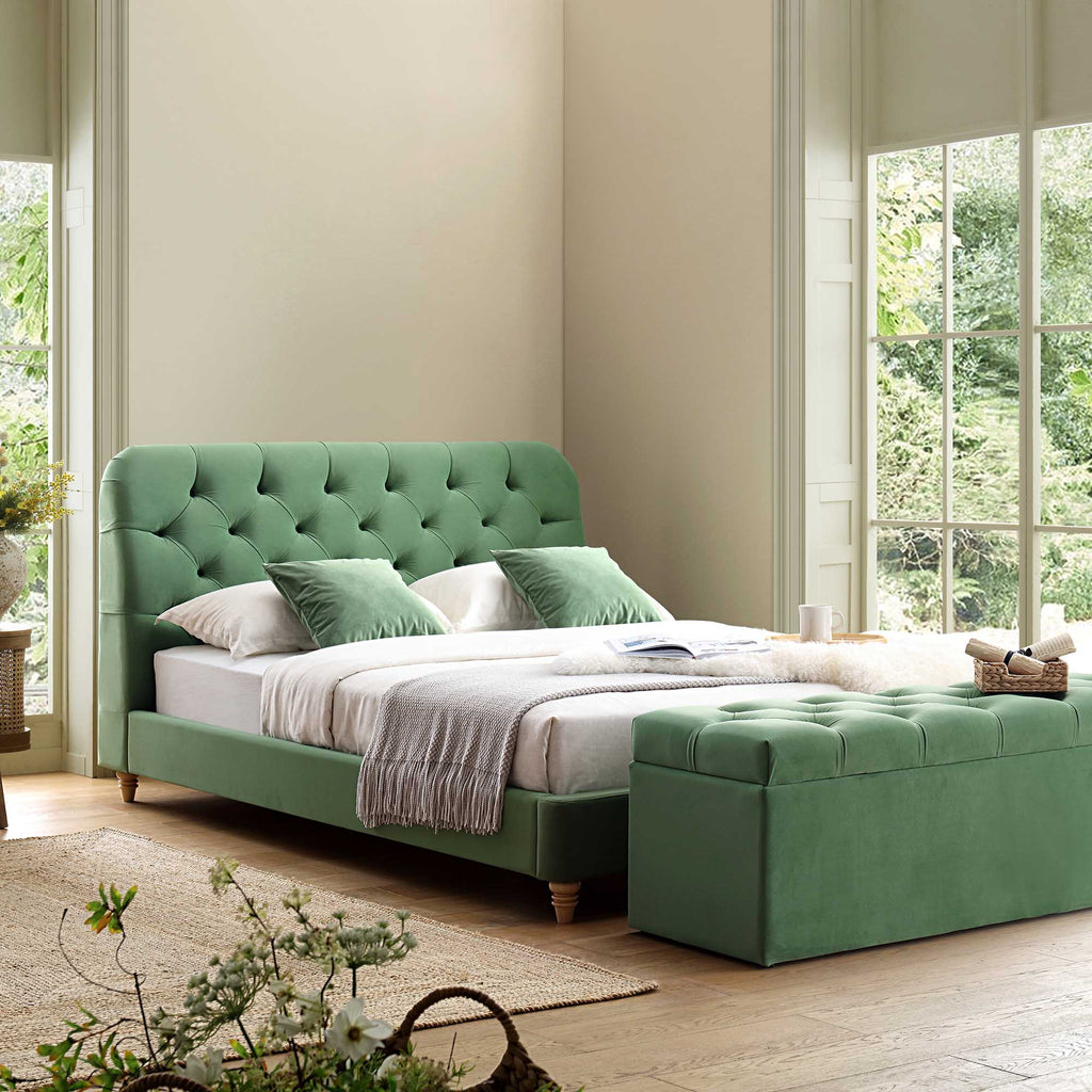 Leamington Deep-Buttoned Upholstered Bed, Meadow Green Velvet | daals.com