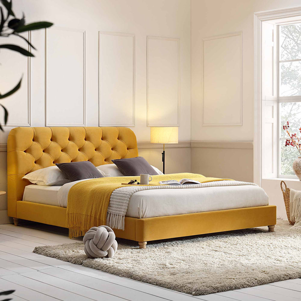 Leamington Deep-Buttoned Upholstered Bed, Turmeric Yellow Velvet ...