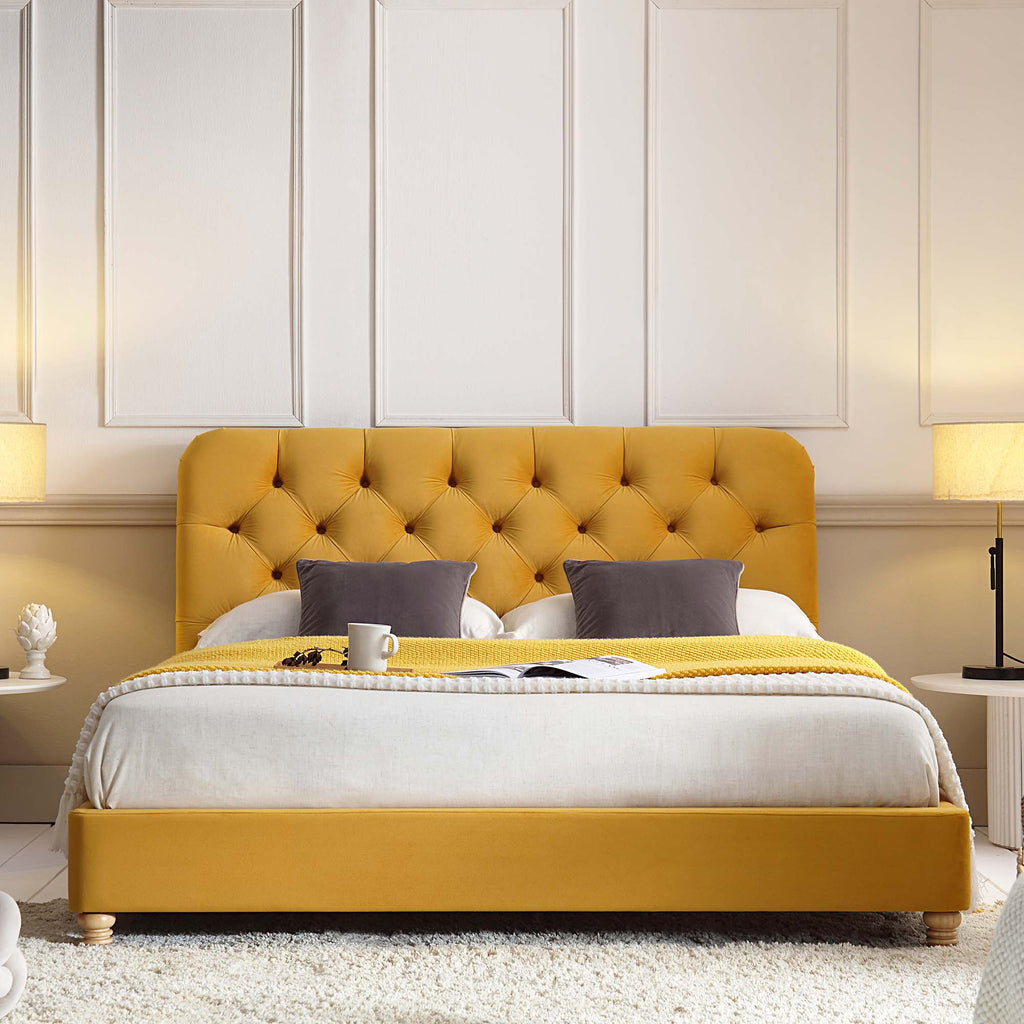 Leamington Deep-Buttoned Upholstered Bed, Turmeric Yellow Velvet ...