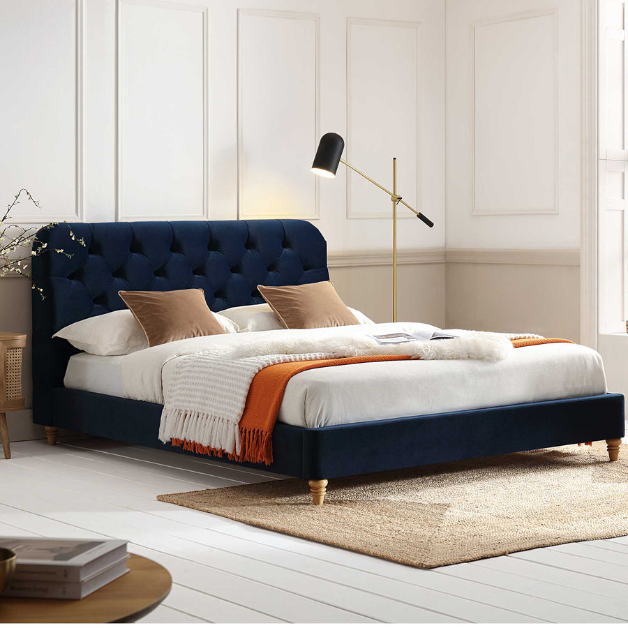 Leamington Deep-Buttoned Upholstered Bed, Midnight Blue Velvet | daals.com